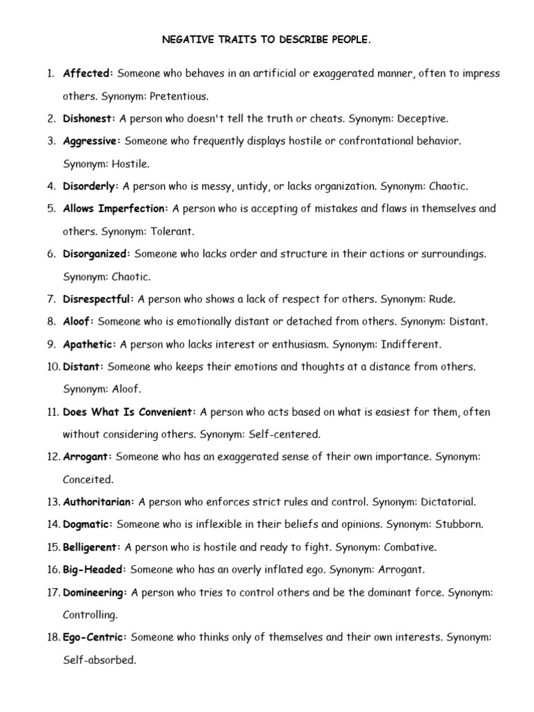 Negative Traits To Describe People | PDF | Psychology | Psychological ...