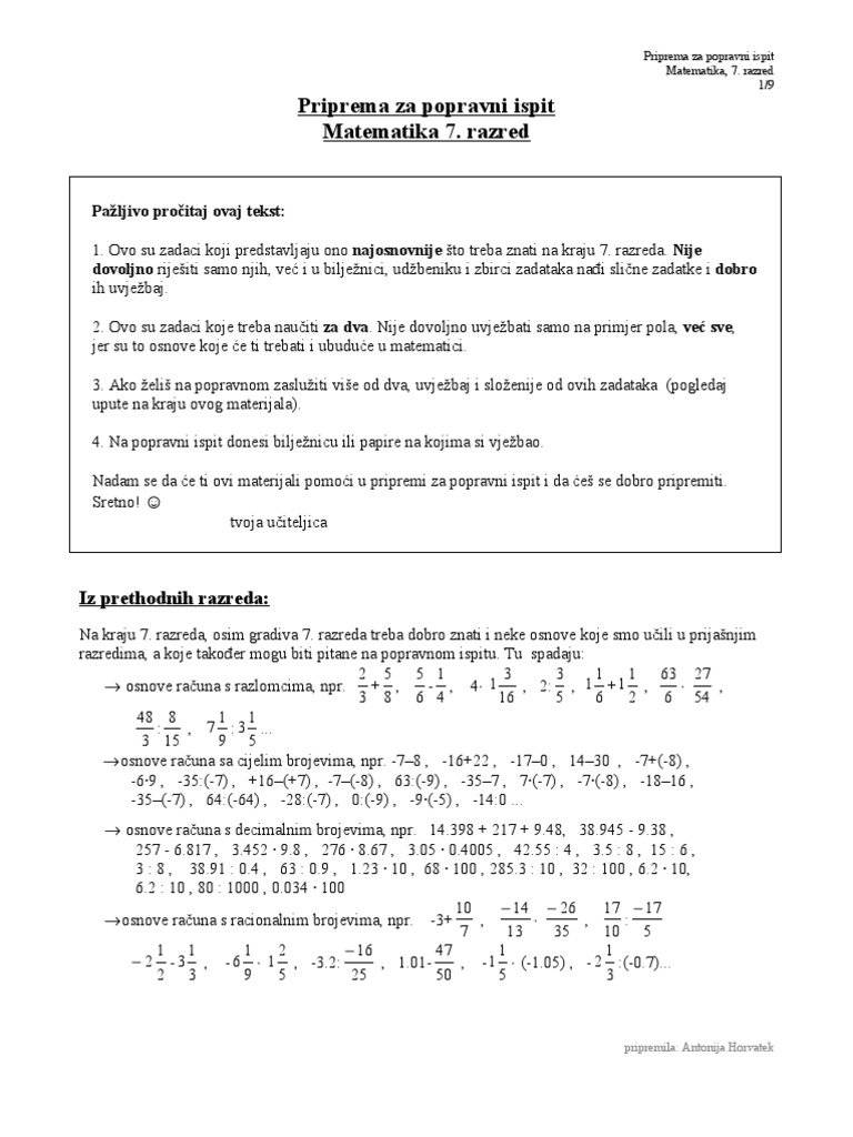 Katalog Minimalnih Znanja - 7. Razred | PDF
