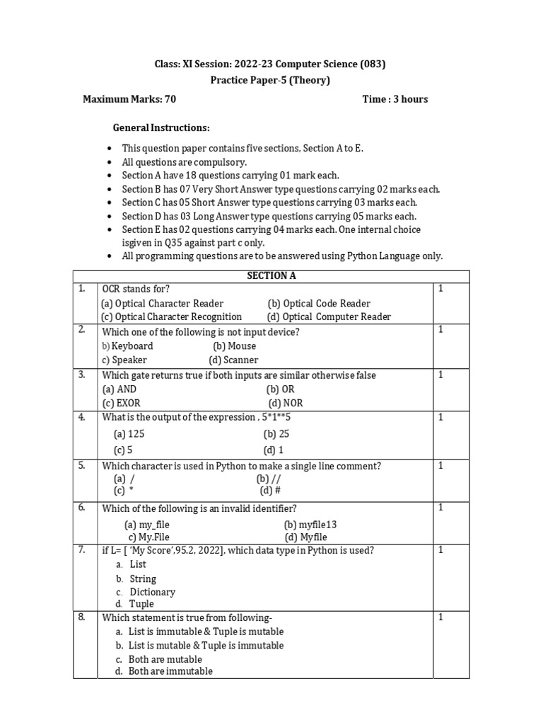 Class XI Computer Science Practice Paper | PDF | Optical Character Recognition | String ...
