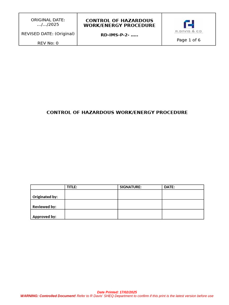 Control of Hazardous Work or Energy Procedure - Ims RD | PDF | Workplace | Working Conditions