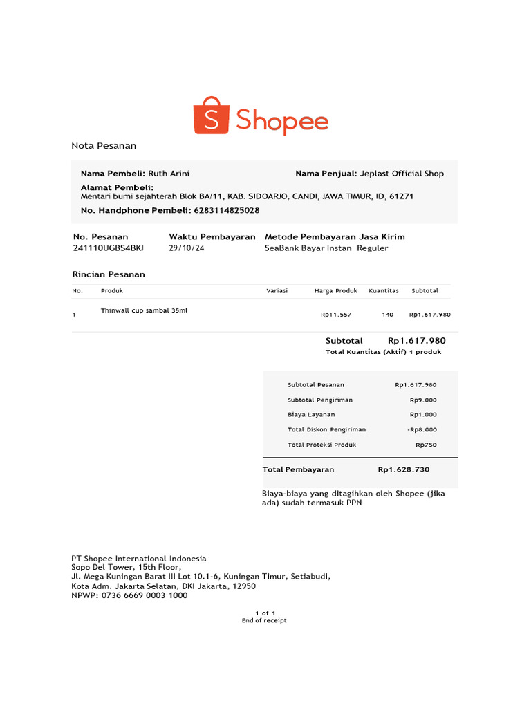 Invoice - Cup Nov | PDF