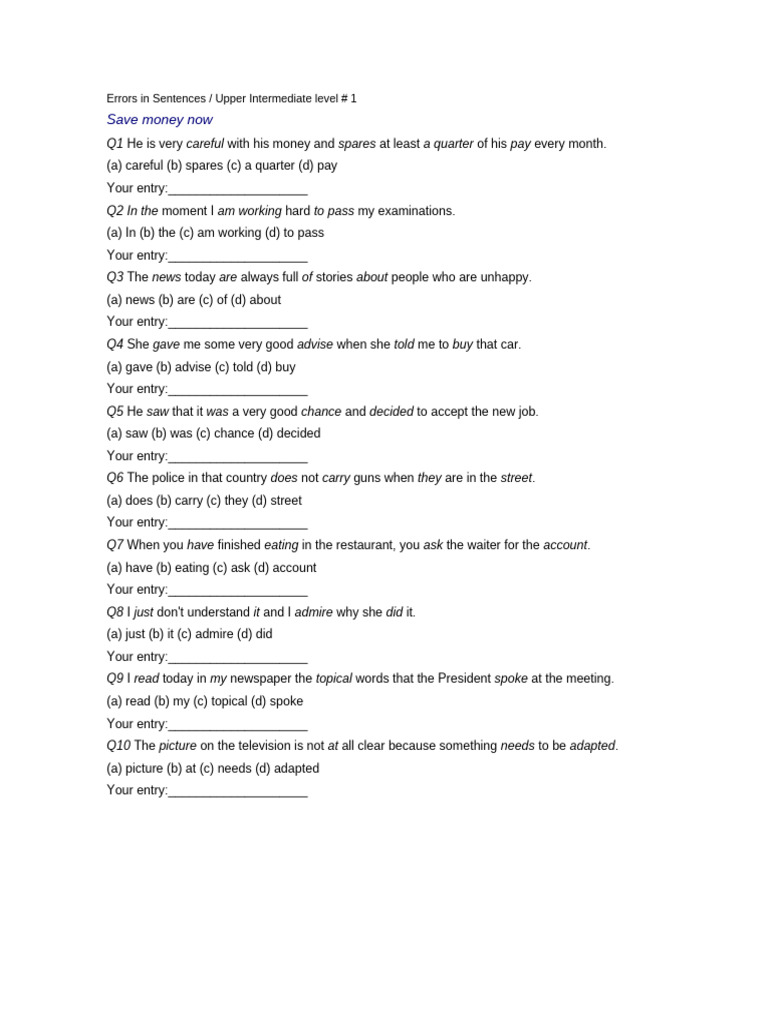 Sentence Error Correction Exercises | PDF