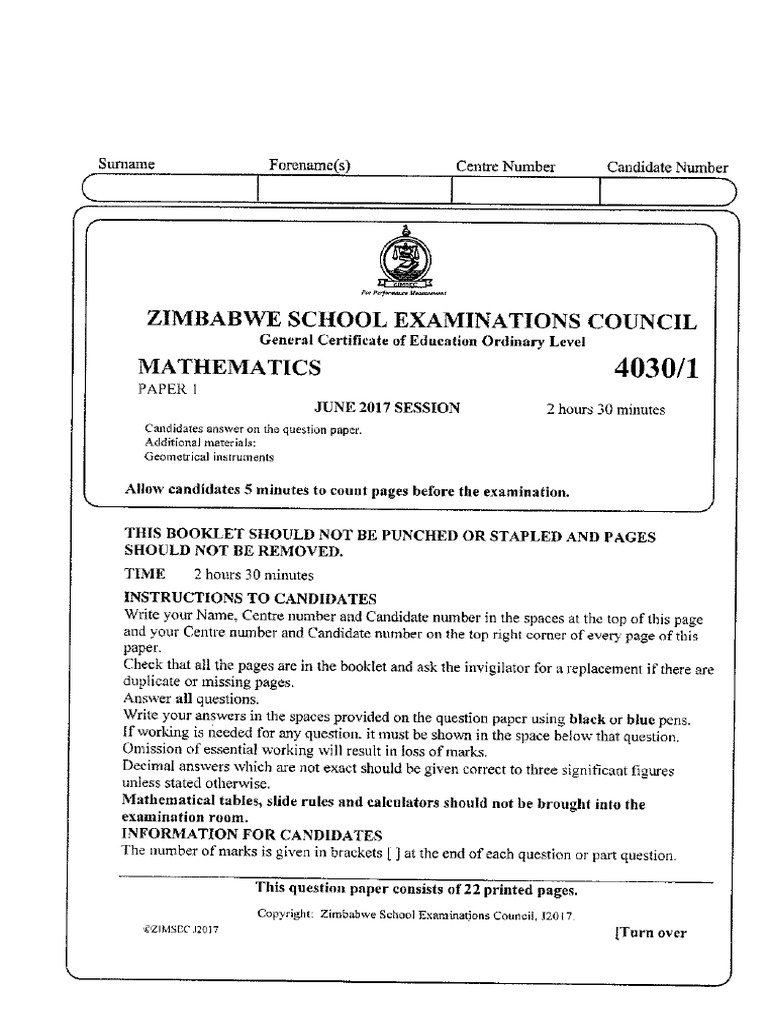 Zimsec June 2017 Maths Paper 1 | PDF