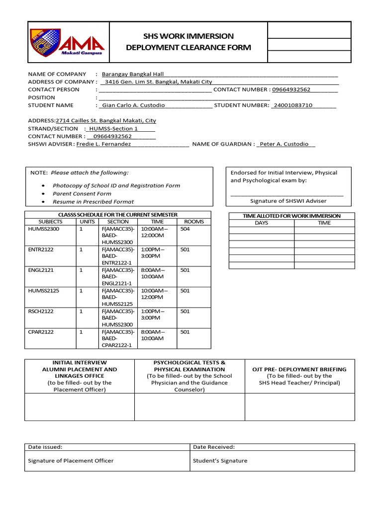 SHS Work Immersion Clearance Form | PDF | Health Care