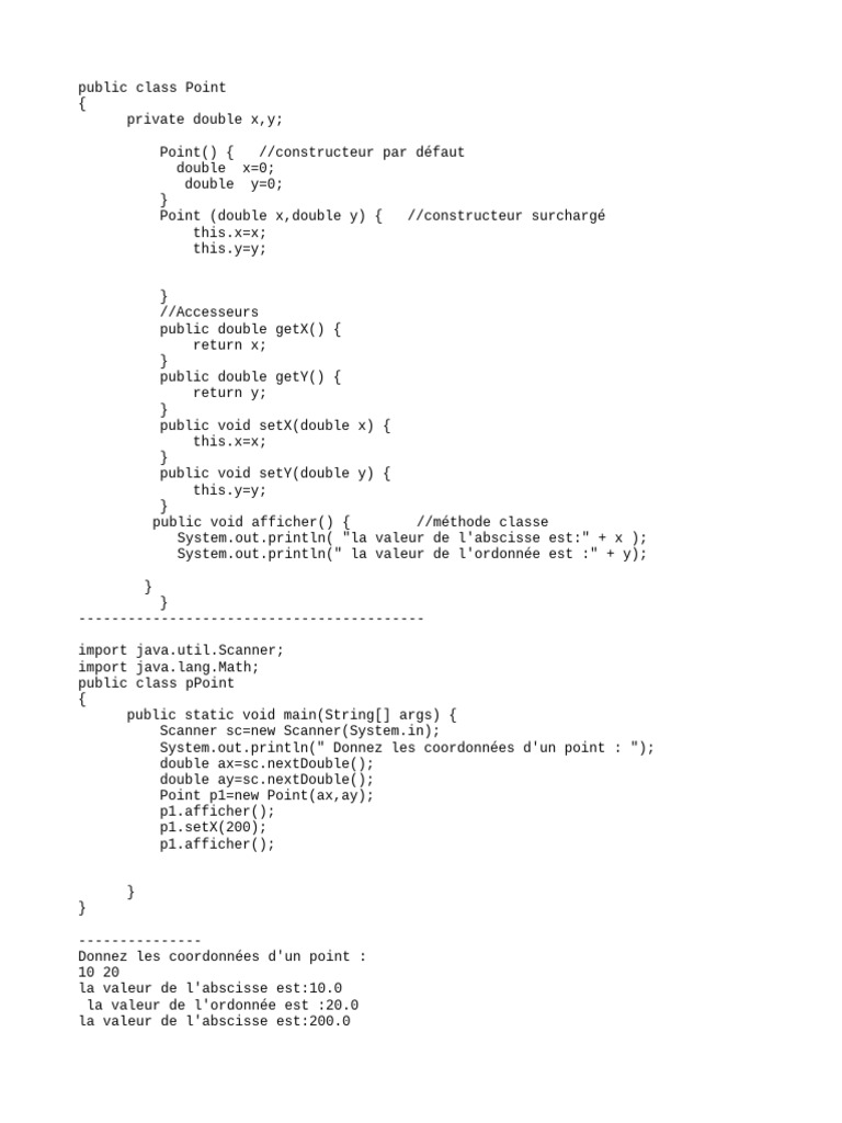 Accesseurs en Java pour la classe Point | PDF