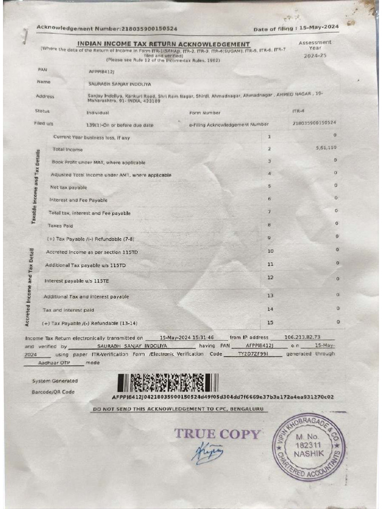 Saurabh Indoliya ITR 2024 25 | PDF