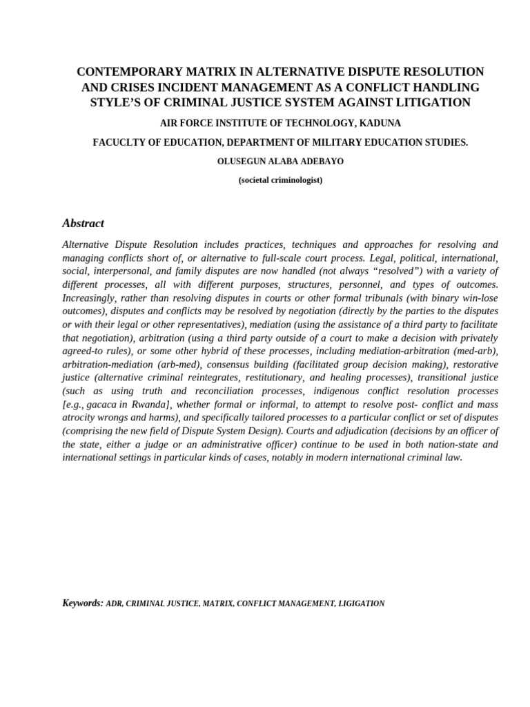 Contemporary Matrix in Alternative Dispute Resolution and Crises ...
