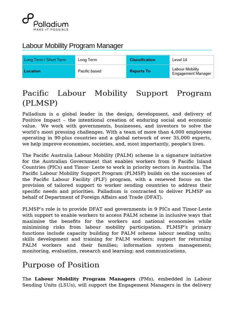 PLMSP TOR - Labour Mobility Program Manager - Level 14 - 10 Roles | PDF ...