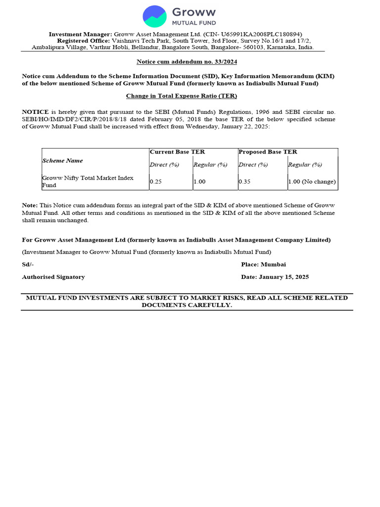 Notice Cum Addendum - Change in TER | PDF