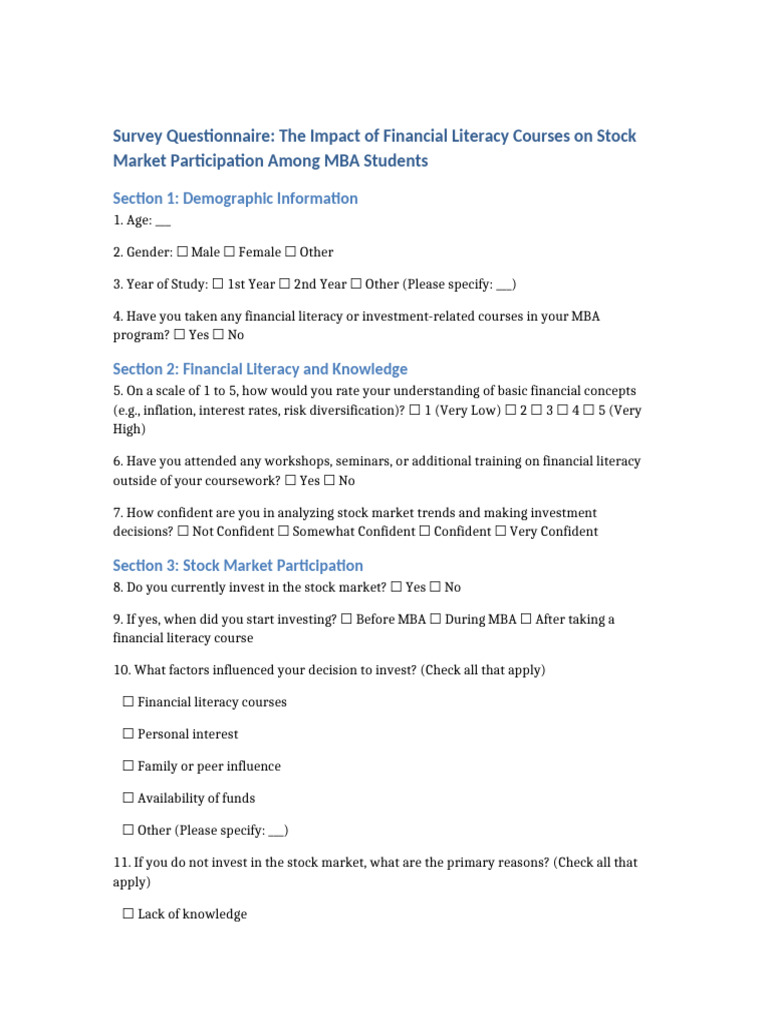 Financial Literacy's Effect on MBA Investing | PDF