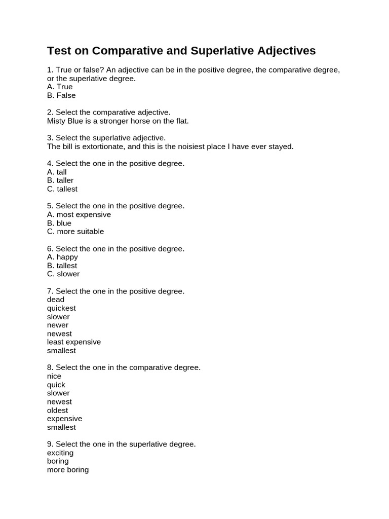 Comparative and Superlative Adjectives Test | PDF