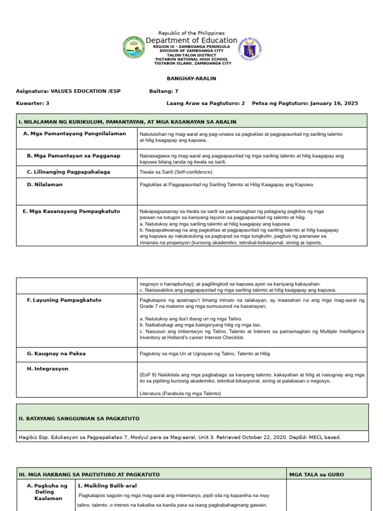 2 Banghay Aralin Sa ESP G7 | PDF