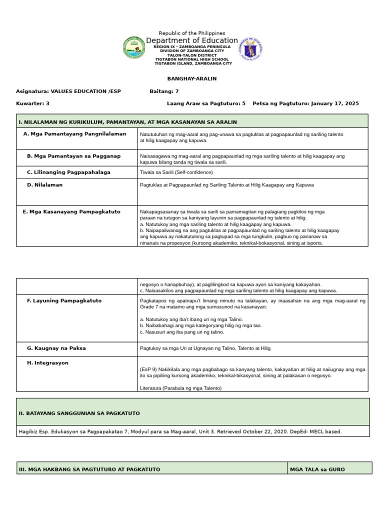 6 Banghay Aralin Sa ESP G7 | PDF