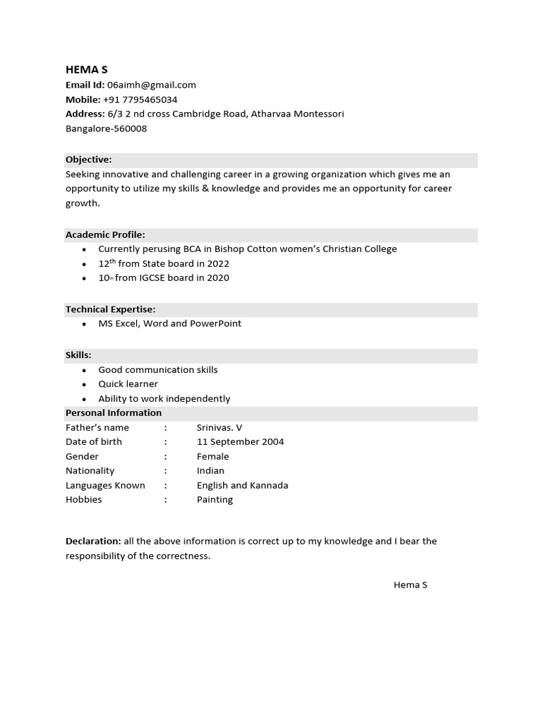 Hema S - BCA Student Resume | PDF