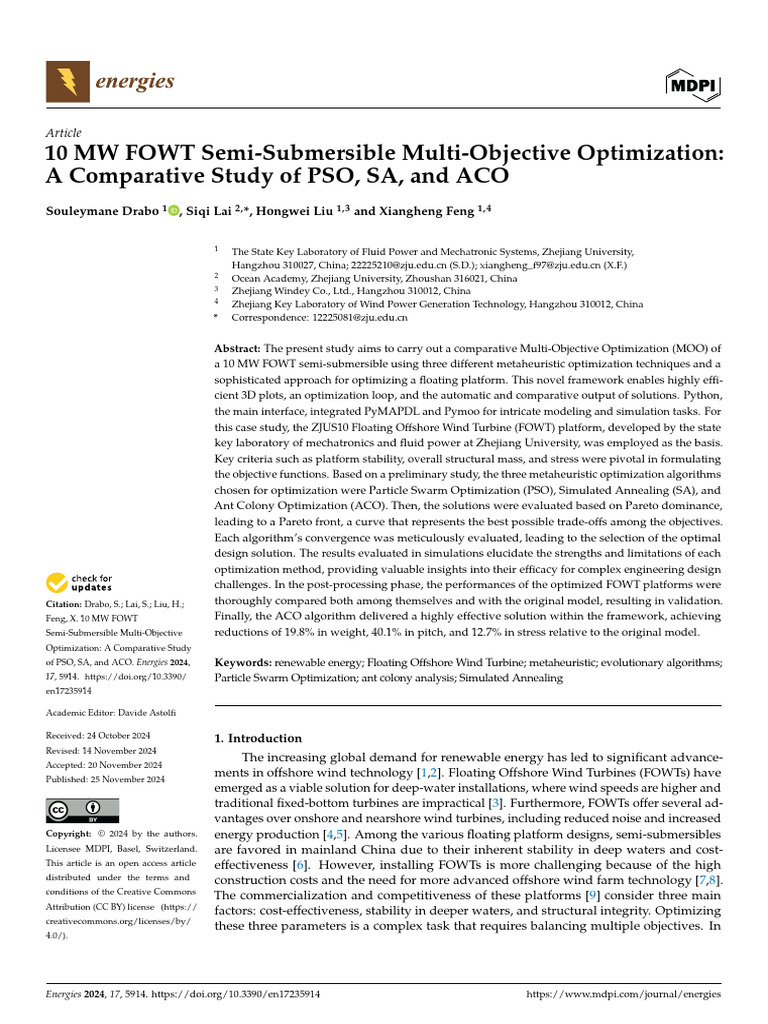Drabo 等 - 2024 - 10 MW FOWT Semi-Submersible Multi-Objective Optimization A Comparative Study of ...