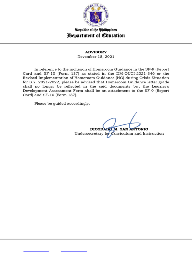 Advisory On DM OUCI 2021 346 Revised Implementation of Homeroom ...