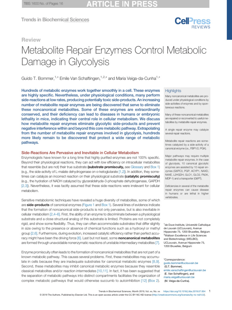 Metabolite Repair Enzymes Control Metabolic Damage in Glycolysis | PDF ...