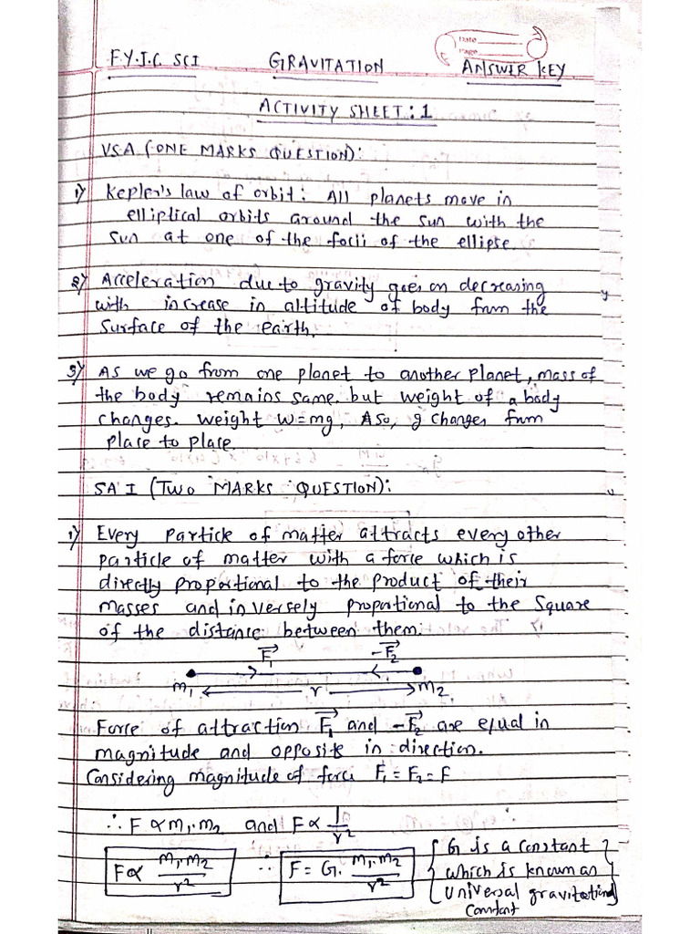 Gravitation Activity Sheet Solution | PDF