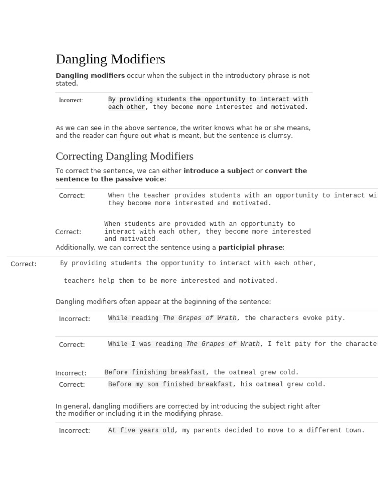 Dangling Modifiers and Misplaced Modifiers | PDF | Language Mechanics | Linguistics