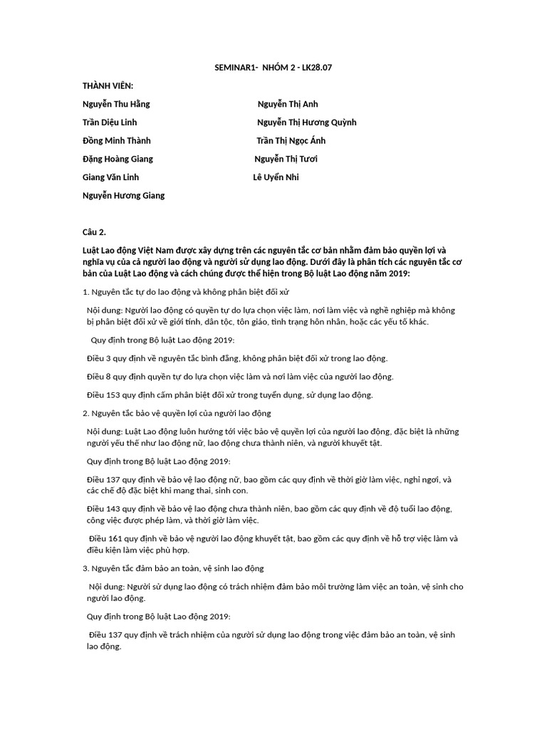 SEMINAR1 LUẬT LAO ĐỘNG NHÓM2 | PDF