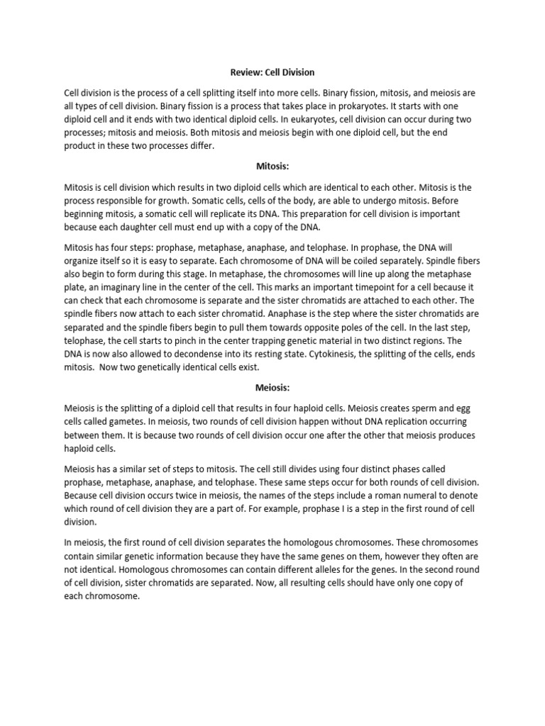 Review Cell Division | PDF | Meiosis | Mitosis