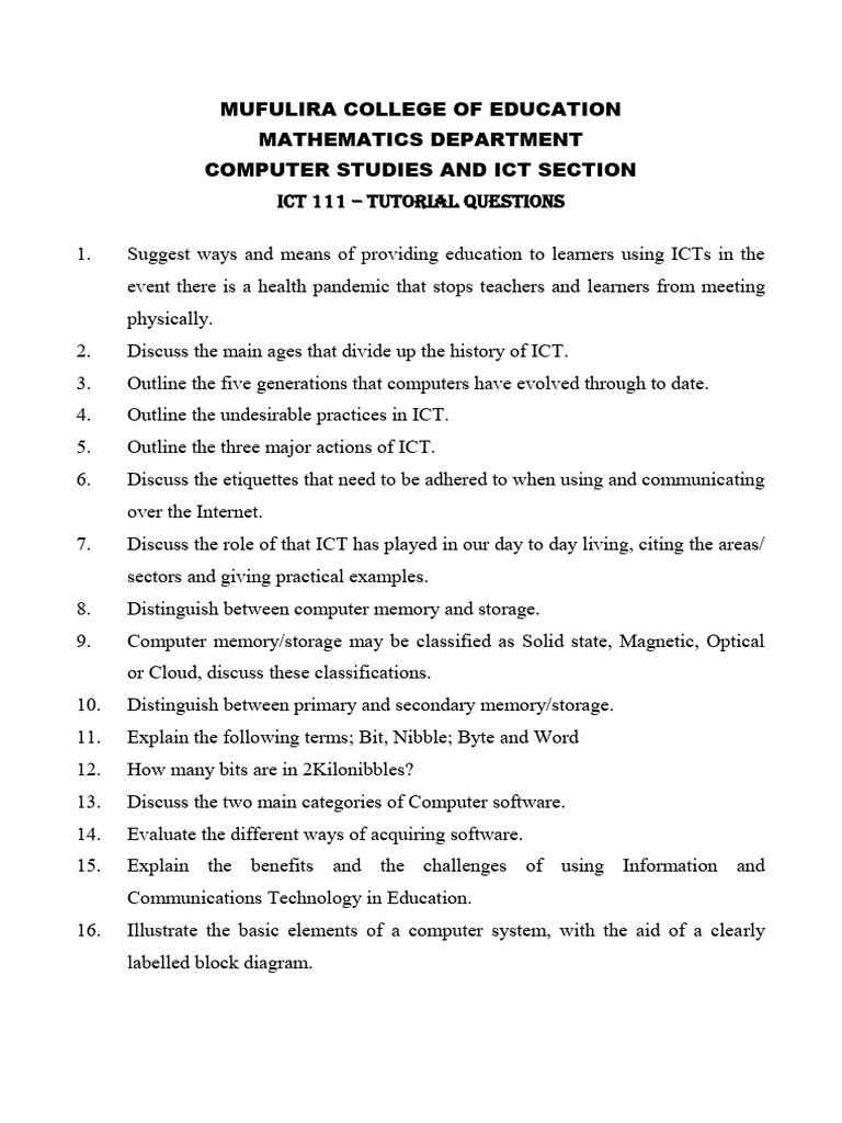 Ict 111 - Tutorial Questions | PDF | Computer Data Storage | Information And Communications ...