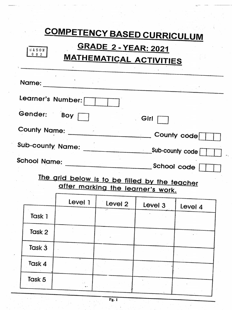 MATHEMATICS 2021 GRADE 2 TERM 1 SET 5 SASON 002 Teacher - Co - .Ke | PDF