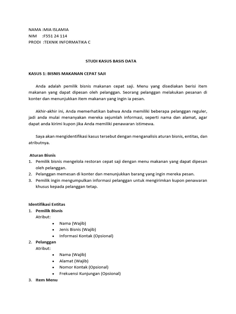 Studi Kasus Basis Data - Mia Islamia - F55124114 | PDF
