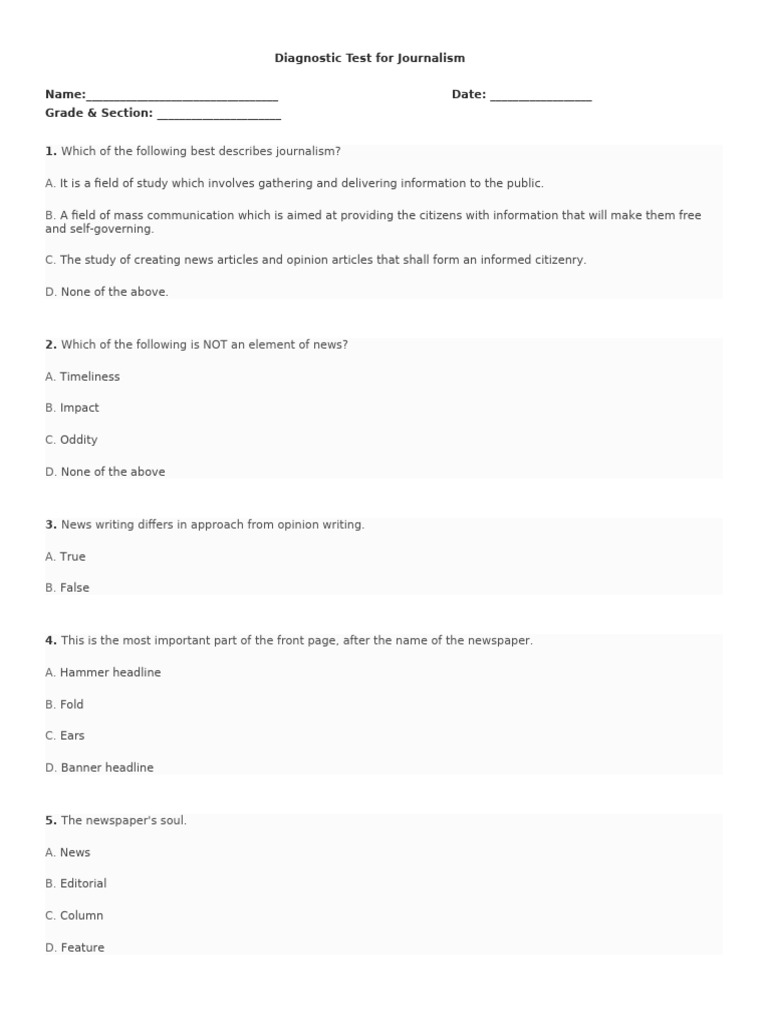 Journalism Diagnostic Test Overview | PDF