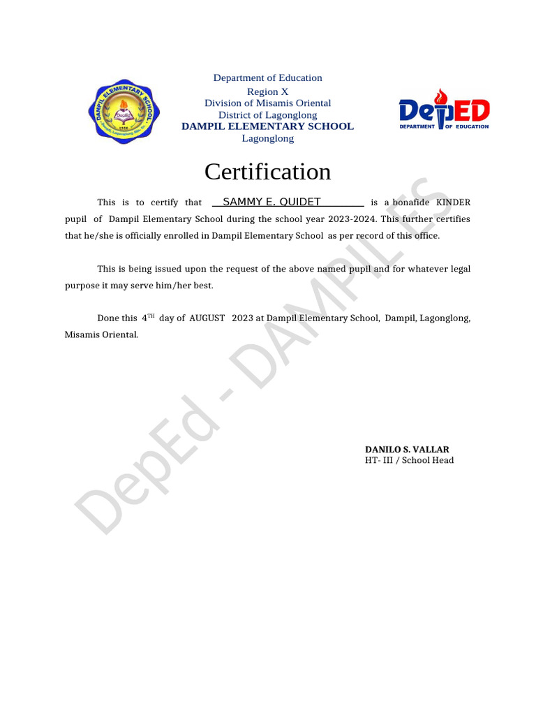 4Ps School Enrollment Certificate 2023 | PDF