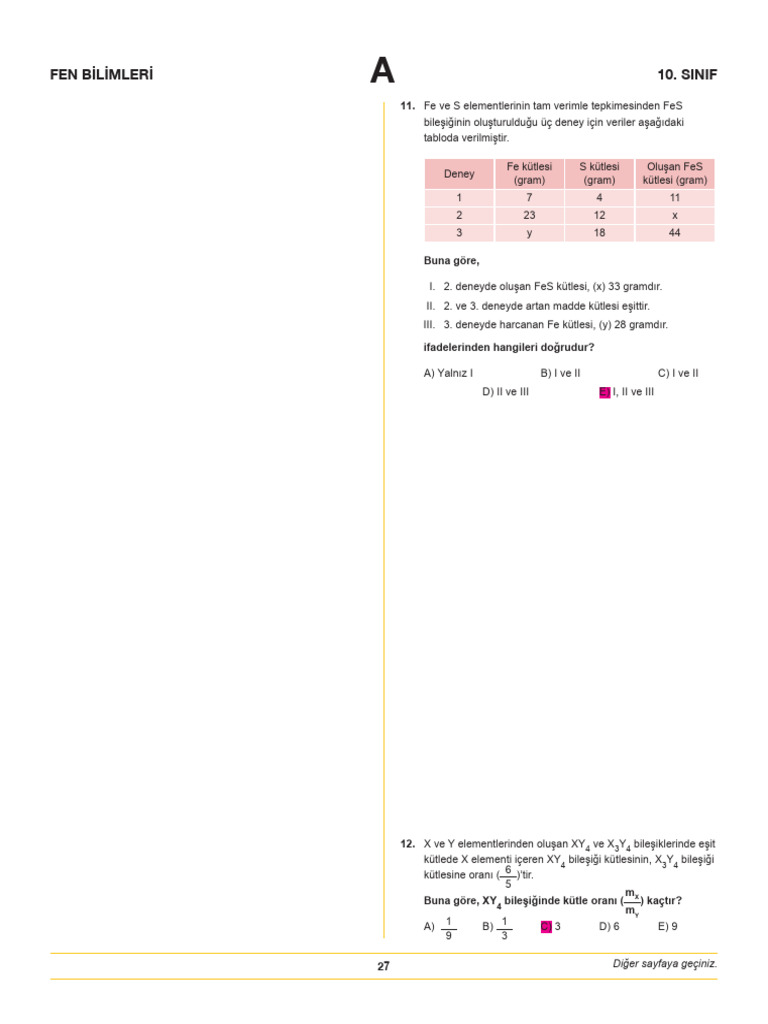 Kimya - 10. Sınıf HIZ - TGS - 3 (A) | PDF