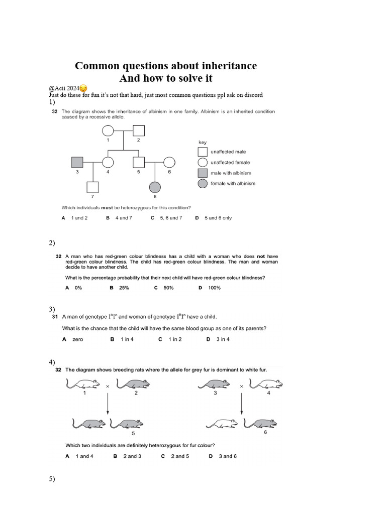 Common Inheritance Ques | PDF | Dominance (Genetics) | Zygosity