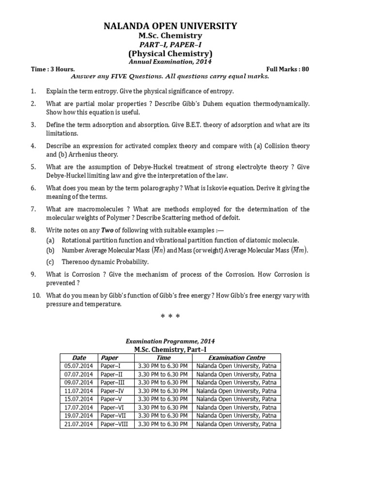 PYQs-2014_MSc Chemistry_Part-I | PDF | Coordination Complex | Chemistry