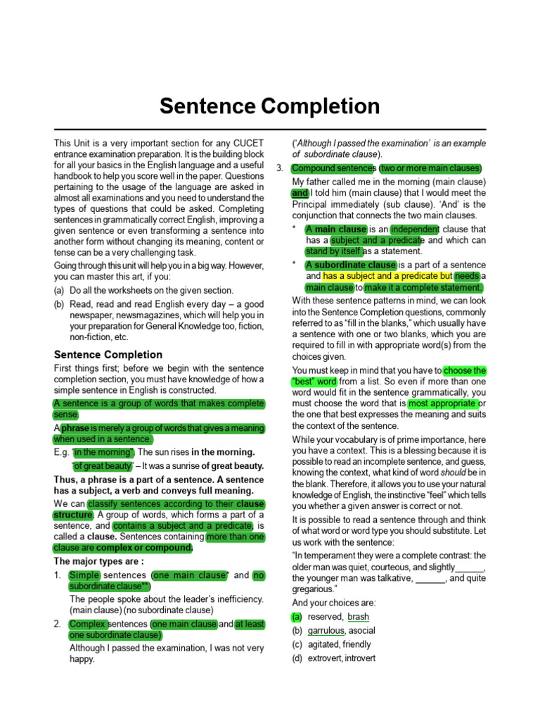 04.04 sentence completion | PDF | Sentence (Linguistics) | Clause