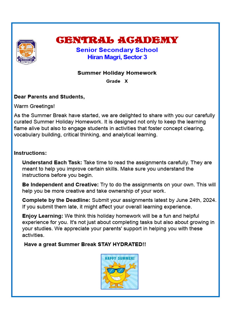 Summer Vacation Assignment Grade 10 | PDF | Homework