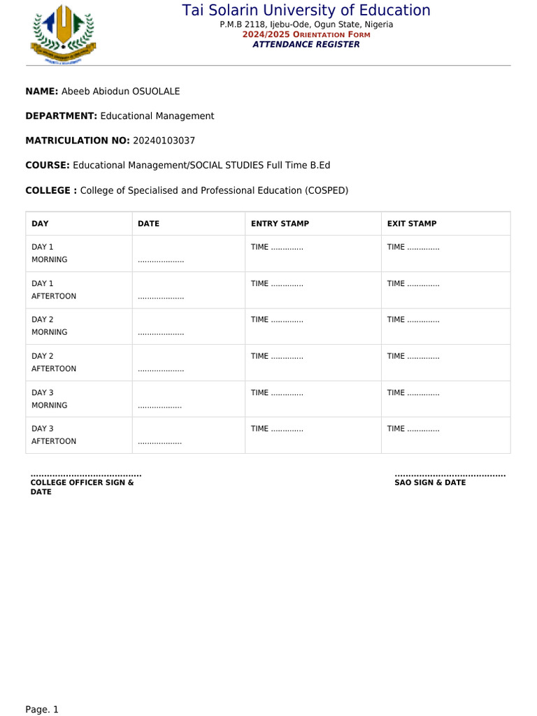 Orientation Form | PDF