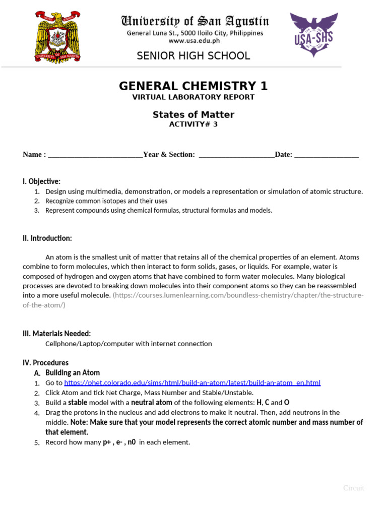 Virtual Lab Report: States of Matter | PDF | Atoms | Chemical Elements