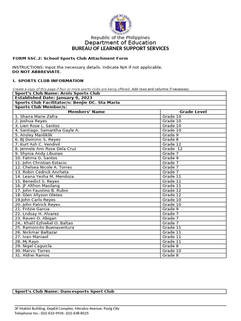 VRSHSFORM SSC.2 School Sports Club Attachment 1 | PDF | Sports