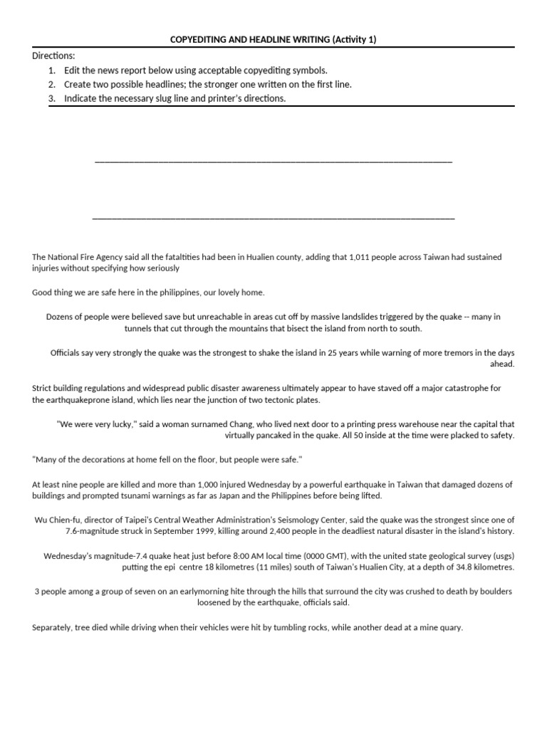 Copyreading and Headline Writing Activities 12 | PDF | Earthquakes ...