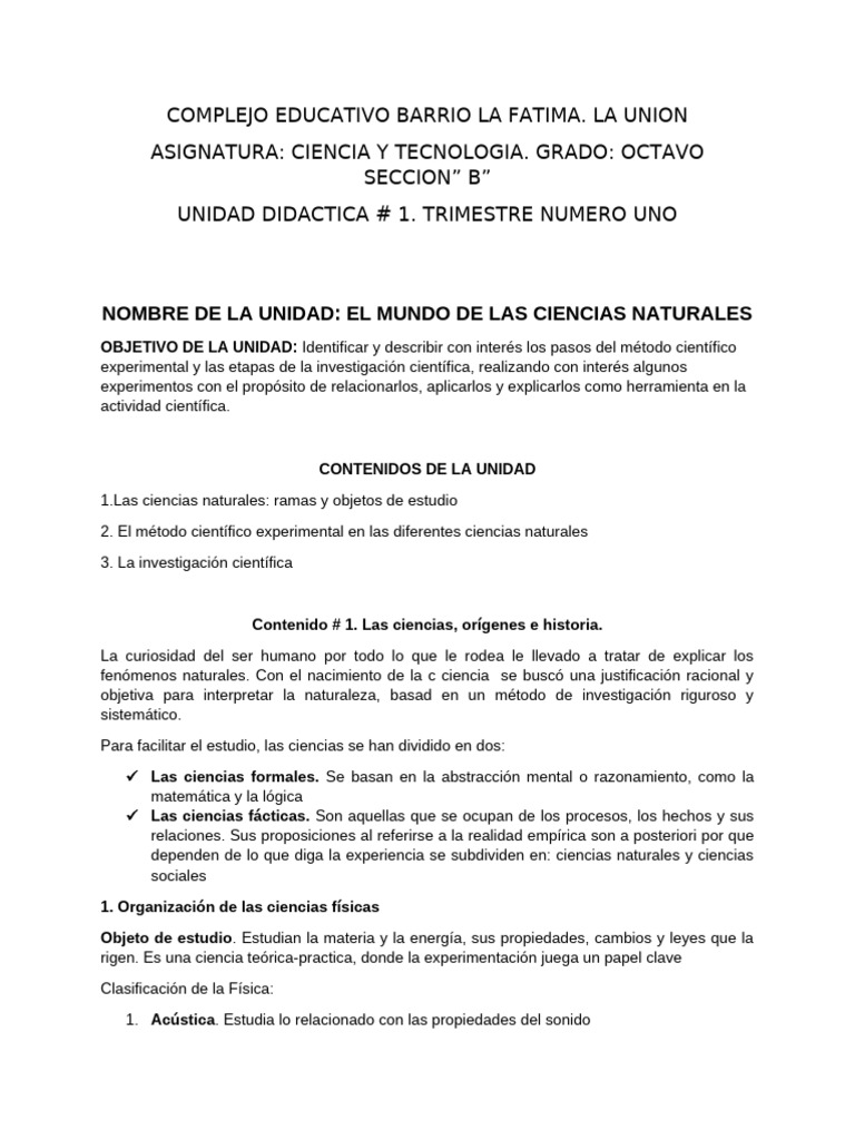 Unidad Numero 1 Octavo Ciencia y Tecnologia 2023 | PDF | Experimentar ...