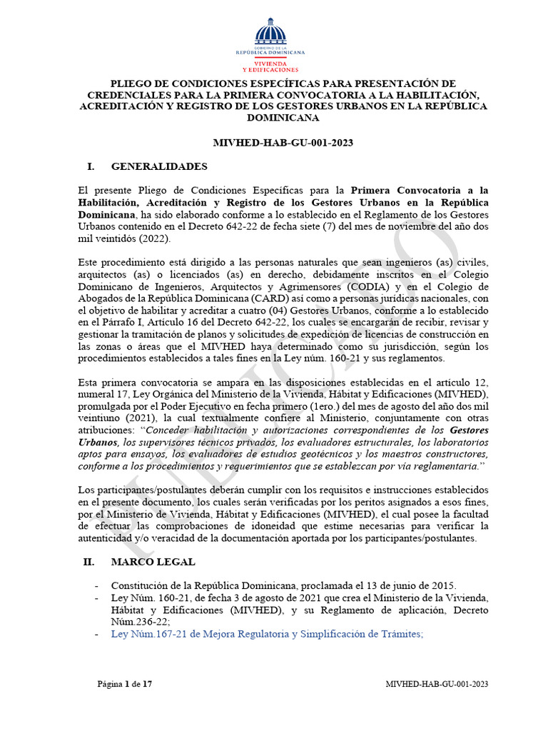 DNR Pliego de Condiciones MIVHED HAB GU 001 2023 Anexos | PDF | Regulación | República Dominicana