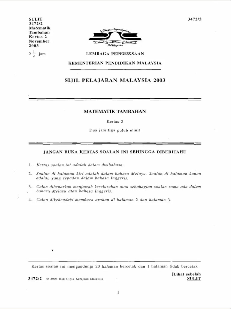 Add Math SPM 2003 Paper 2 | PDF