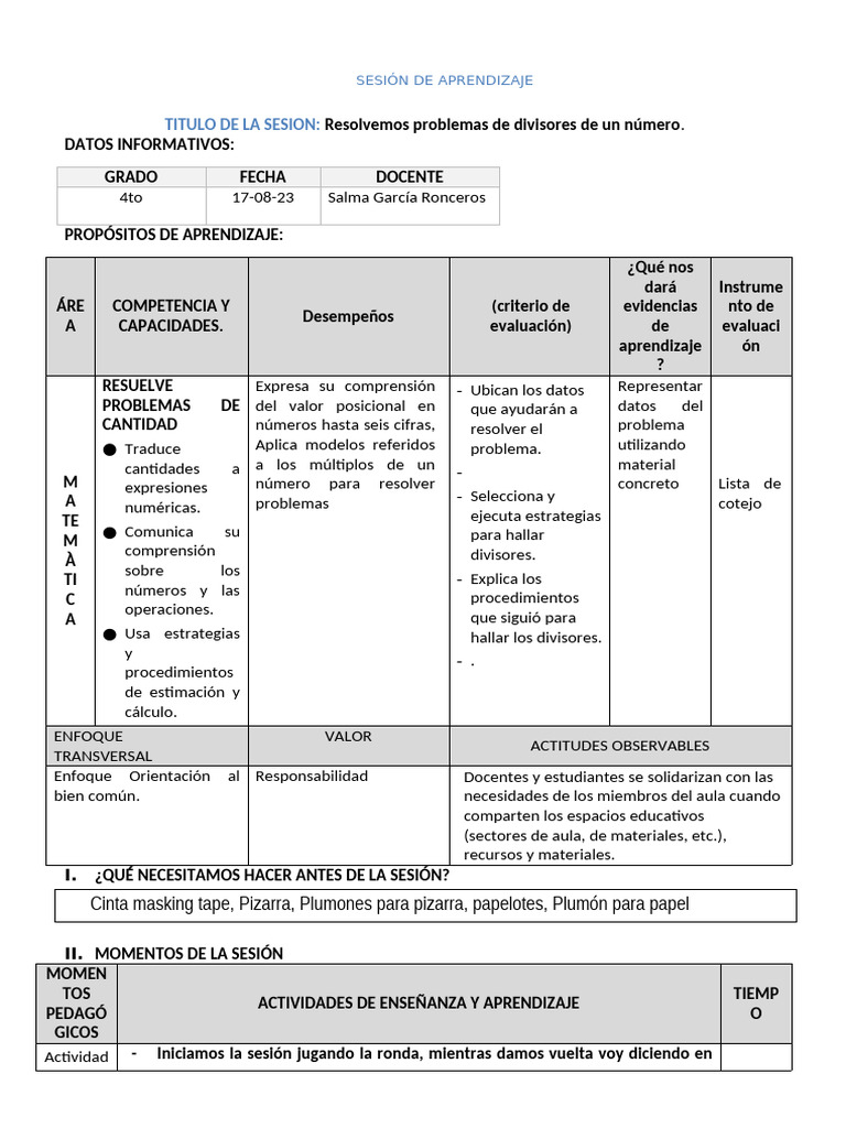 SESIÓN DE CUARTO GRADO Divis | PDF | Aprendizaje | Enseñando