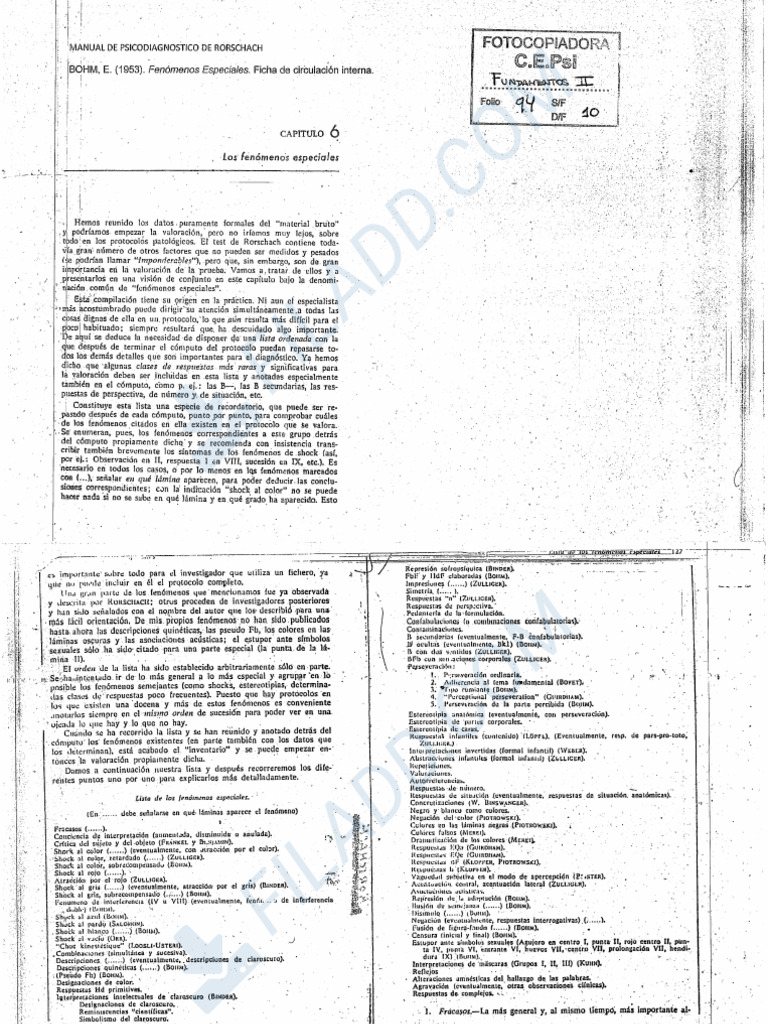 Bohm. Manual de Psicodiagnostico. Cap 6 Fenomenos Especiales | PDF