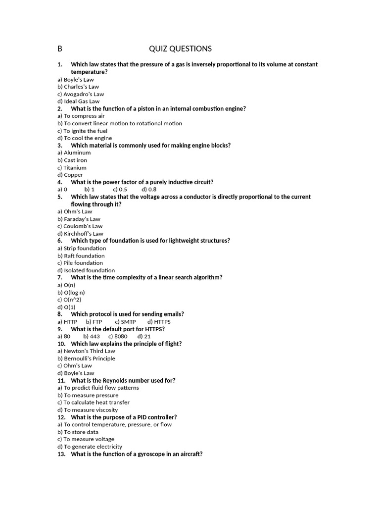 Engineering Quiz Questions and Answers | PDF | Pressure | Engines