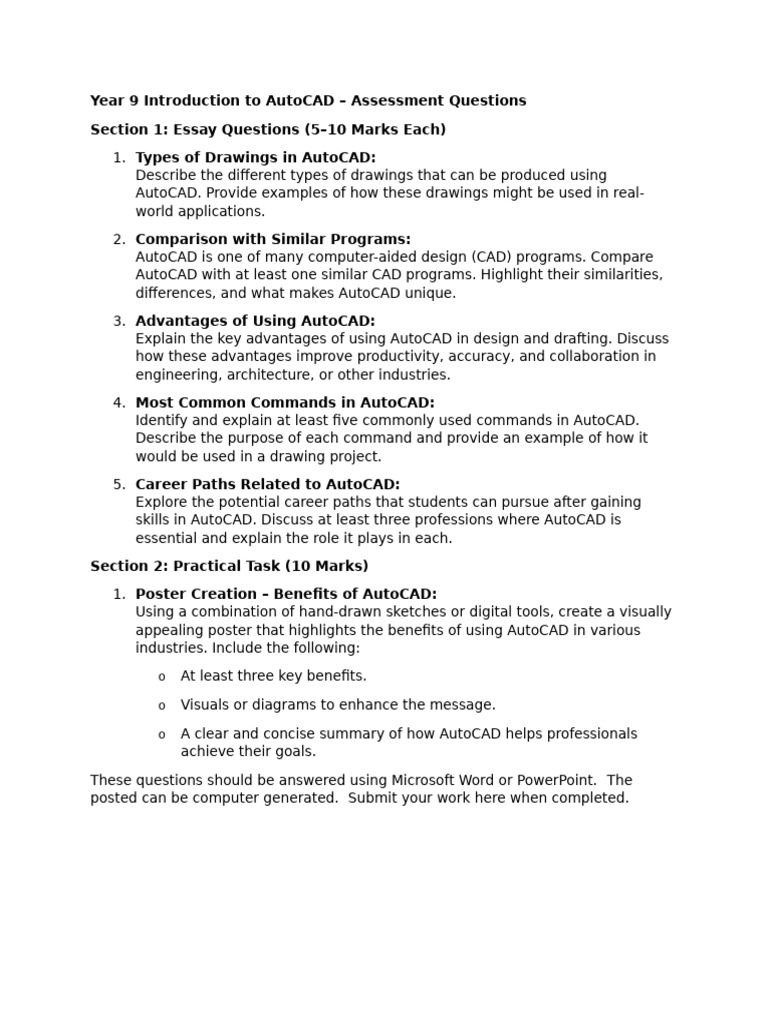 Year 9 AutoCAD Assessment Questions | PDF