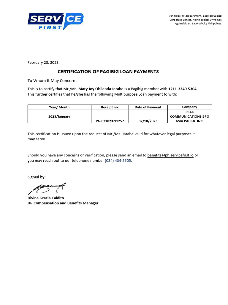 PAGIBIG CERT - Mary Joy Jarabe | PDF