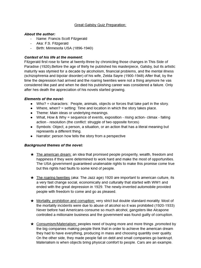 Great Gatsby Quiz Study Guide | PDF | F. Scott Fitzgerald | The Great ...