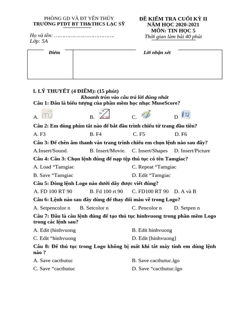 De Thi Tin Hoc Lop 5 HK 2 (2020-2021) | PDF