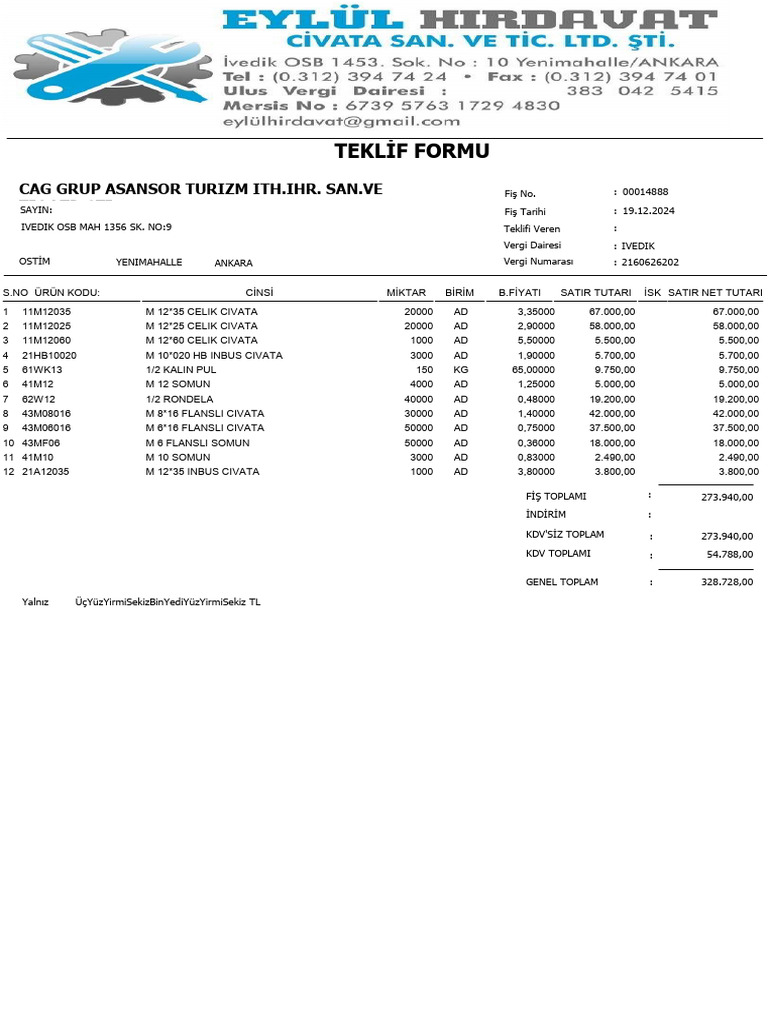 Teklif Formu: Cag Grup Asansor Turizm Ith - Ihr. San - Ve Tic - Ltd.Sti | PDF